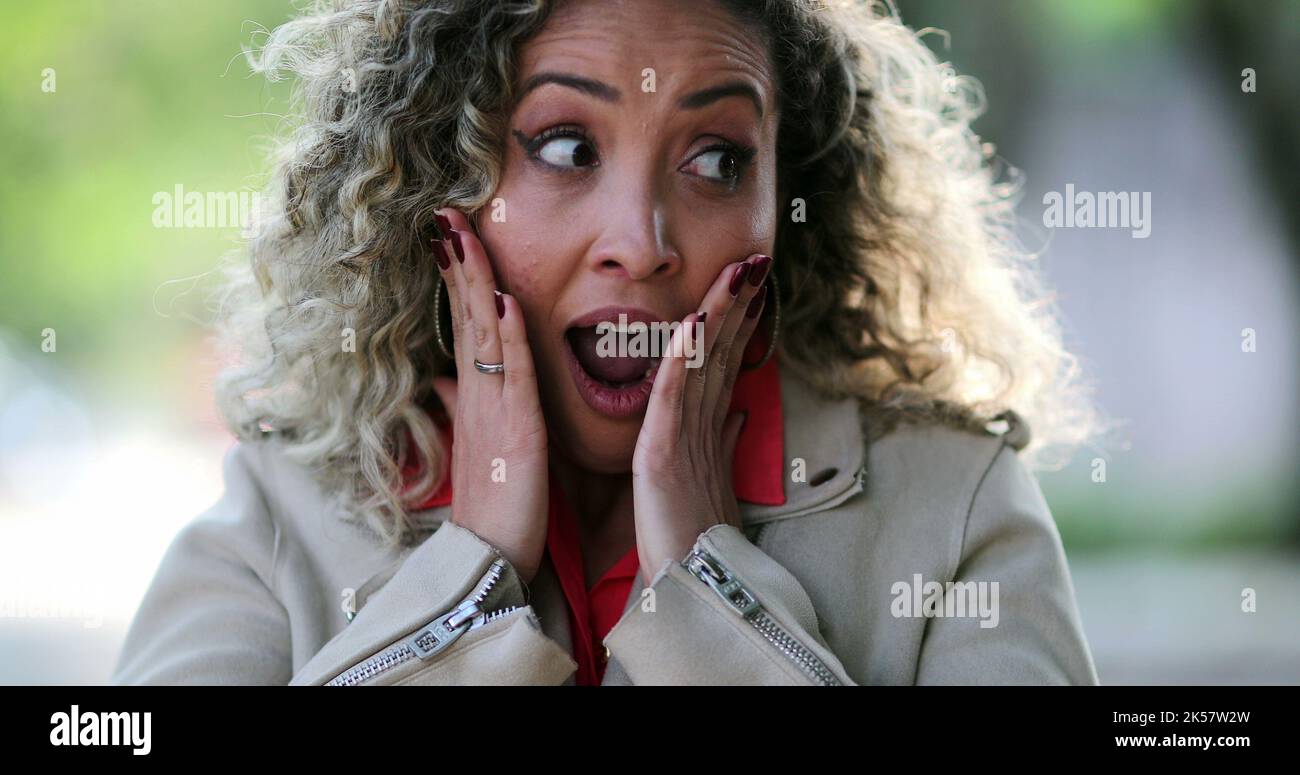 Funny Confused scared woman shocking reaction Stock Photo - Alamy