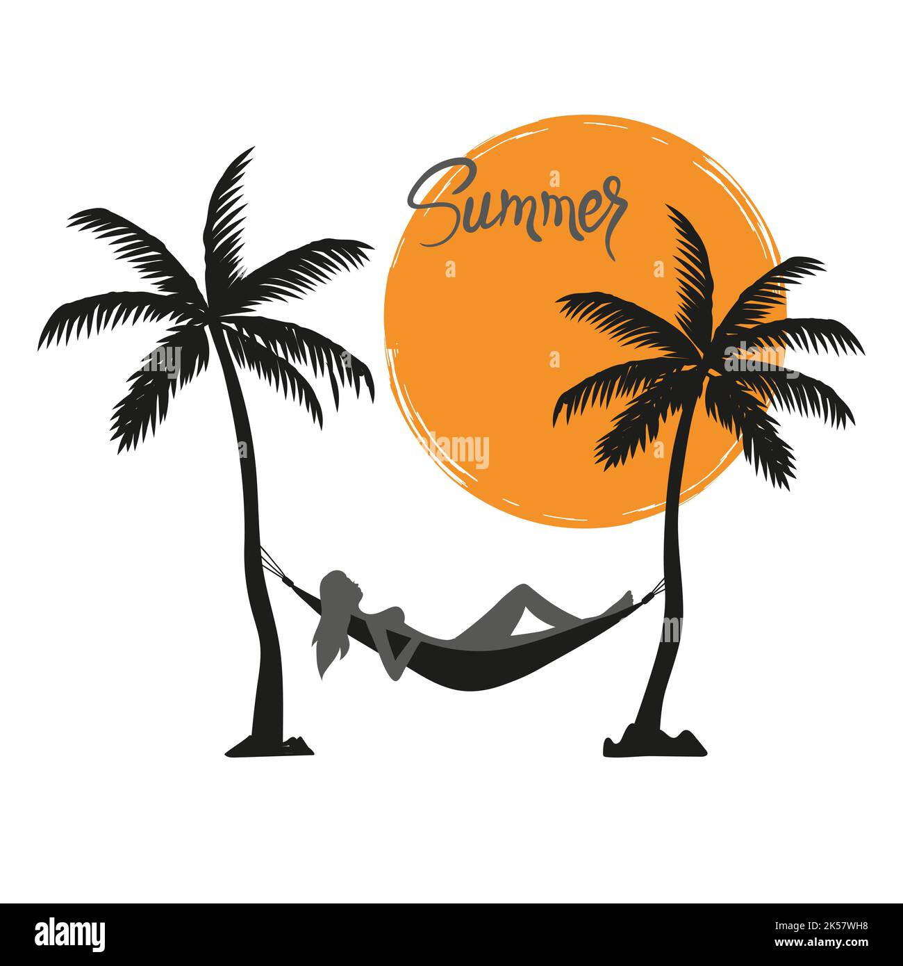 Summer vacation on tropical beach. Girl lying in hammock under palm trees vector illustration ...