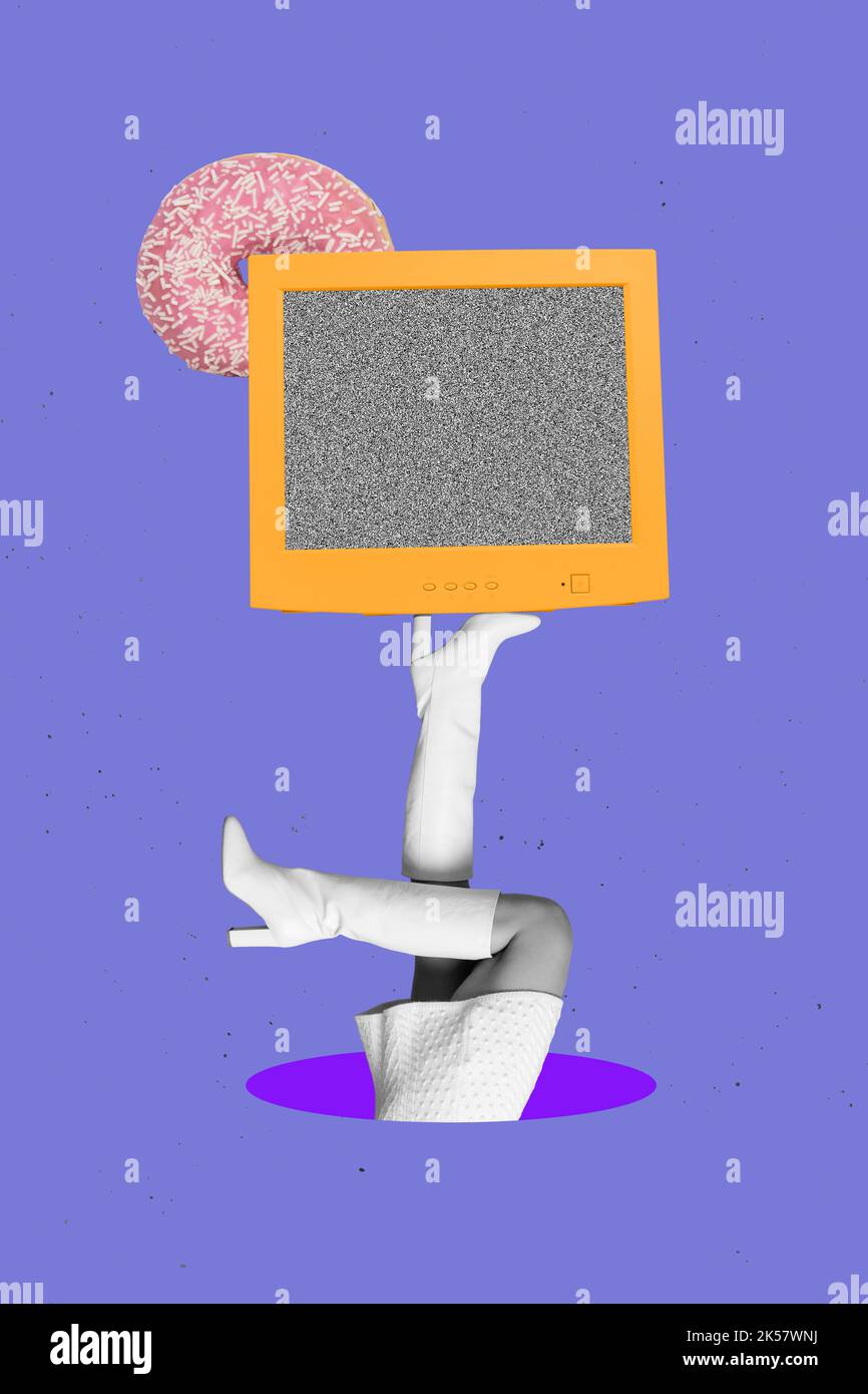 Collage photo of creative woman legs hold big tv screen trying switch ...