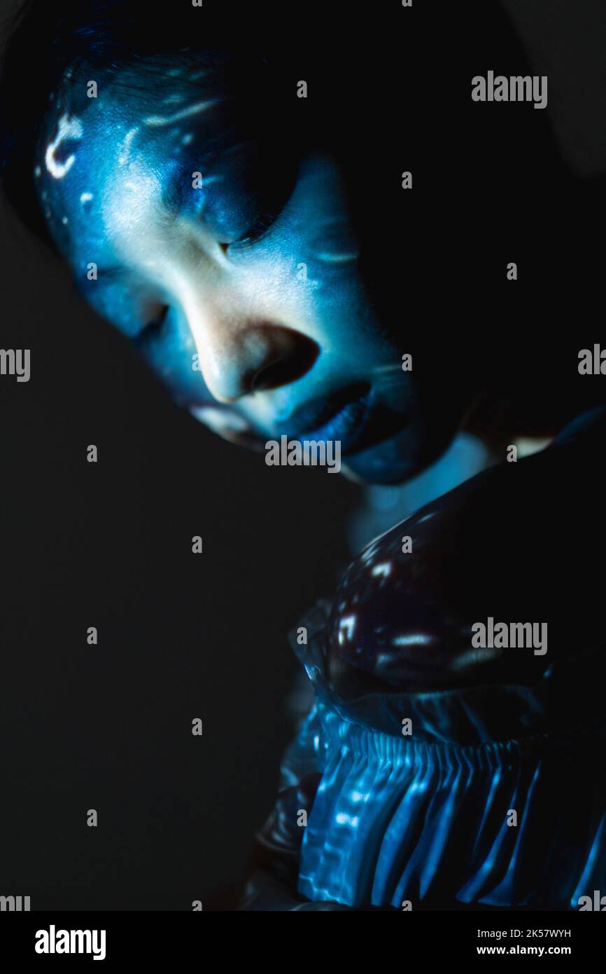 art portrait imaginary universe blue woman face Stock Photo - Alamy
