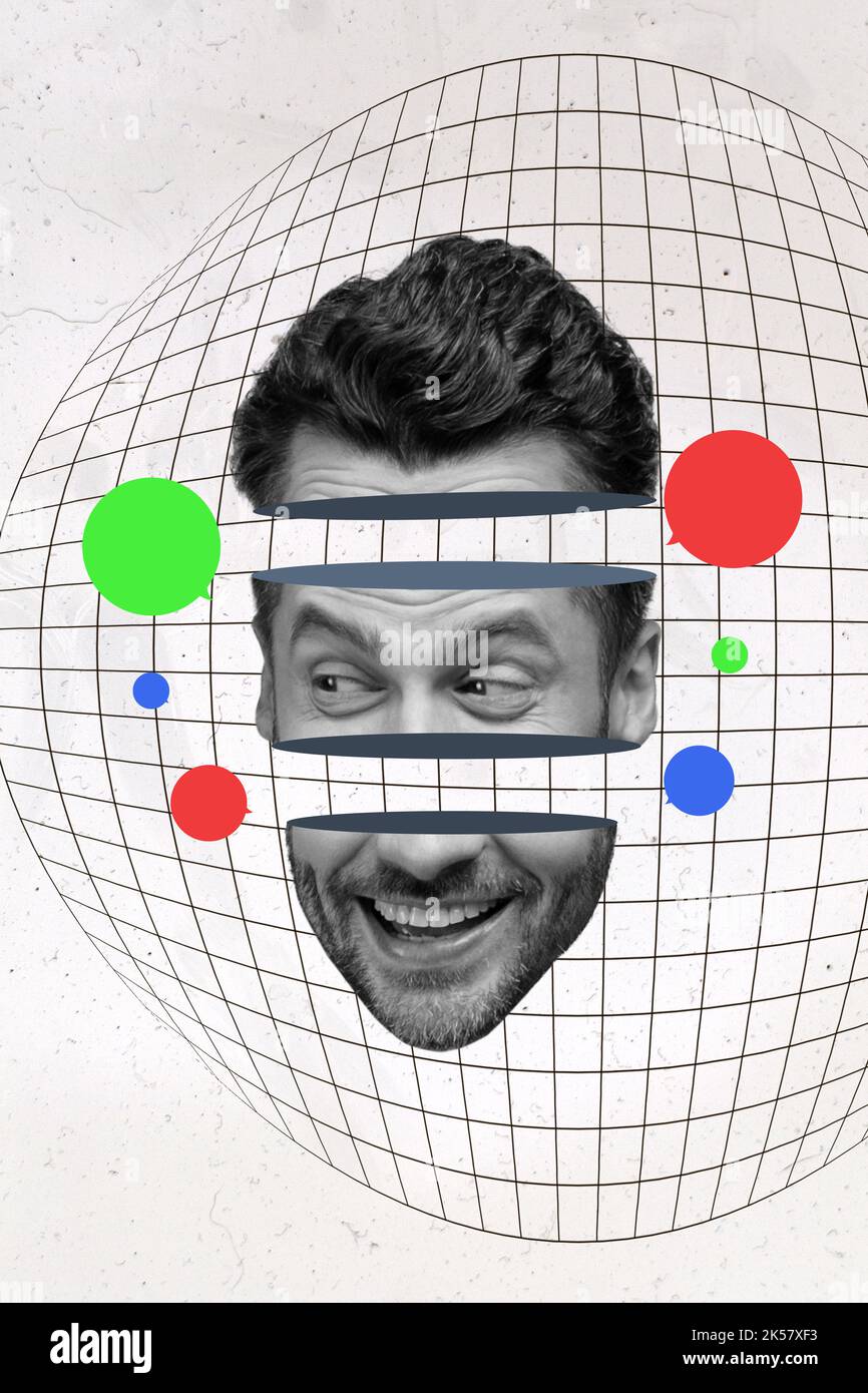 Creative photo 3d collage poster postcard artwork of excited man curios ...