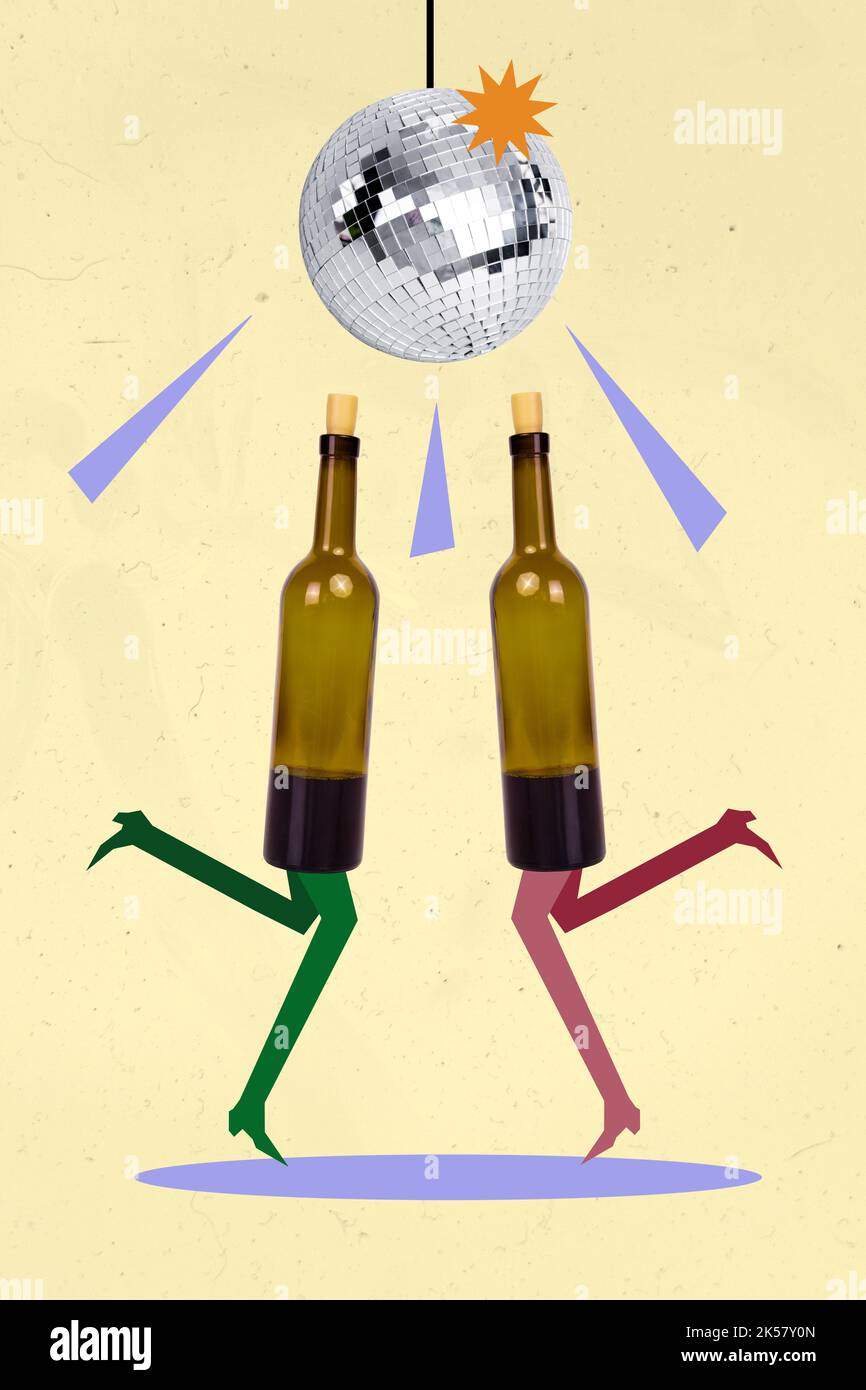 Creative trend collage of two funny funky dancing wine bottles alcohol ...