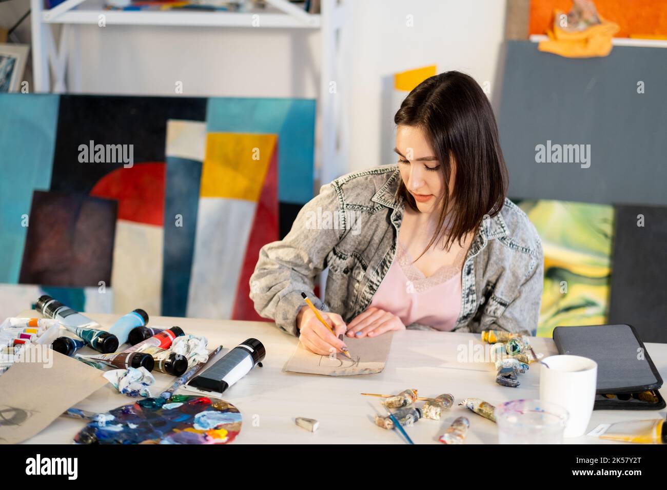 art skill creative leisure female painter drawing Stock Photo - Alamy