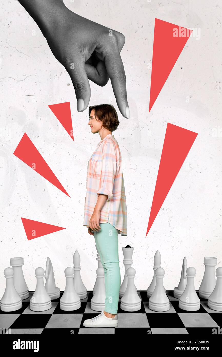 Creative trend collage of big hand take millennial young pretty lady ...