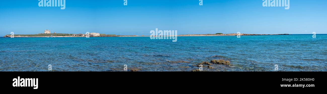 Extra wide view of the Island of Capo Passero in Portopalo in Sicily ...