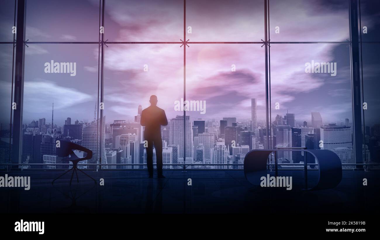 In a spacious office, a man looks at city buildings from above, 3D ...