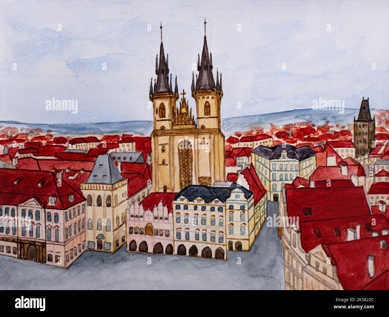 High towers of Tyn church in Prague city. Watercolor painting Stock ...