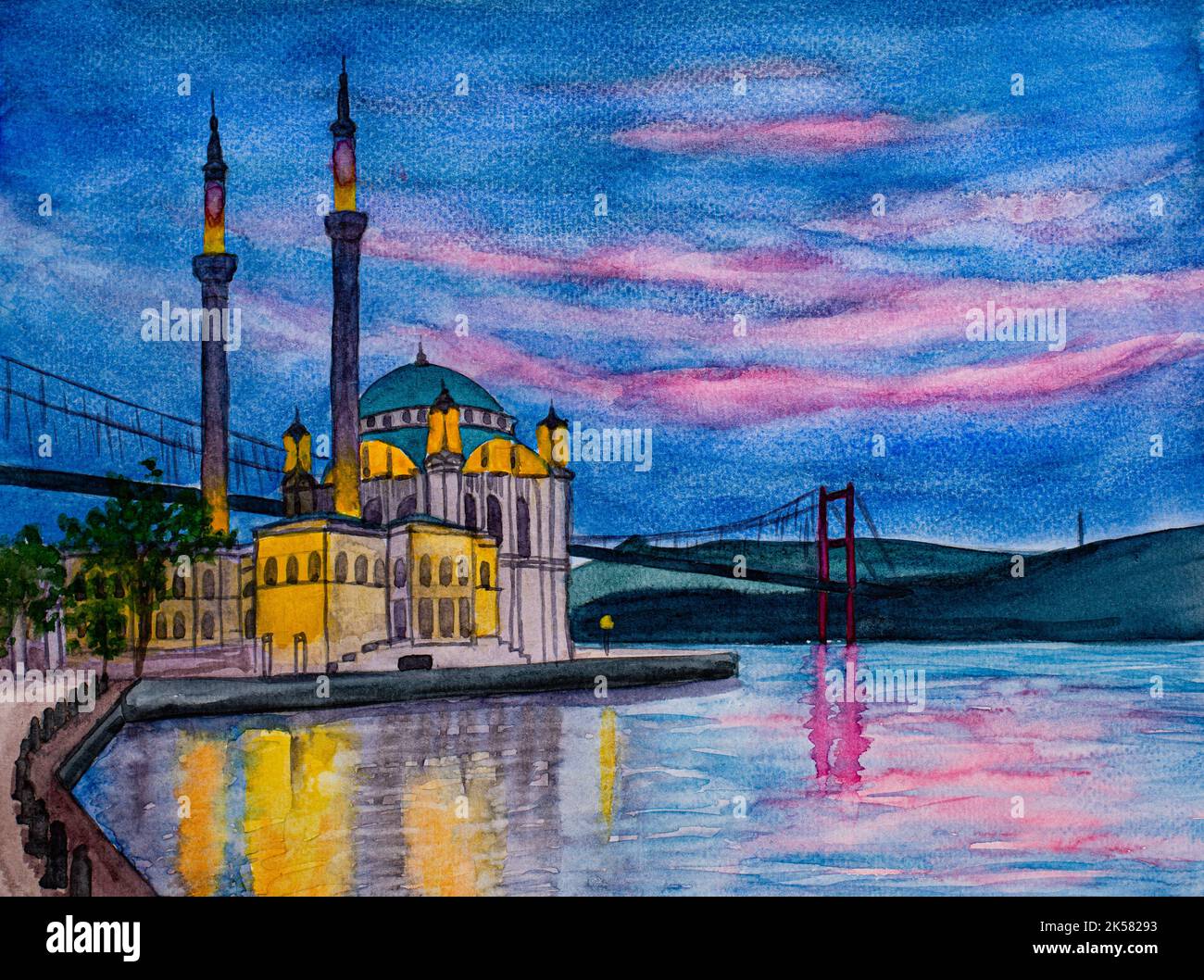 Ortakoy mosque and Bosphorus bridge in Istanbul, Turkey. Watercolor ...