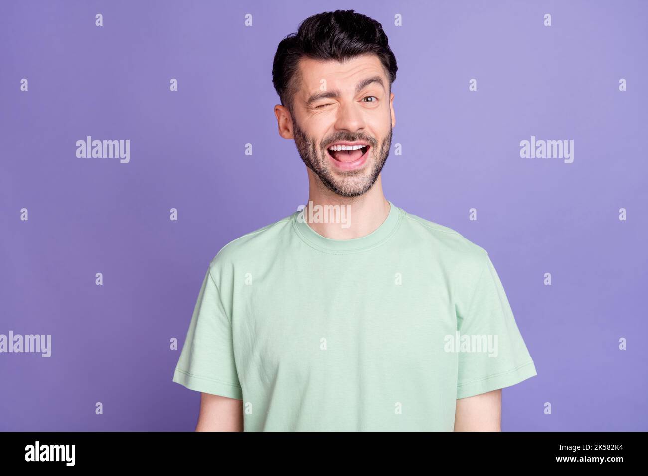 Photo of nice cool guy dressed fashionable quality outfit winking eye ...