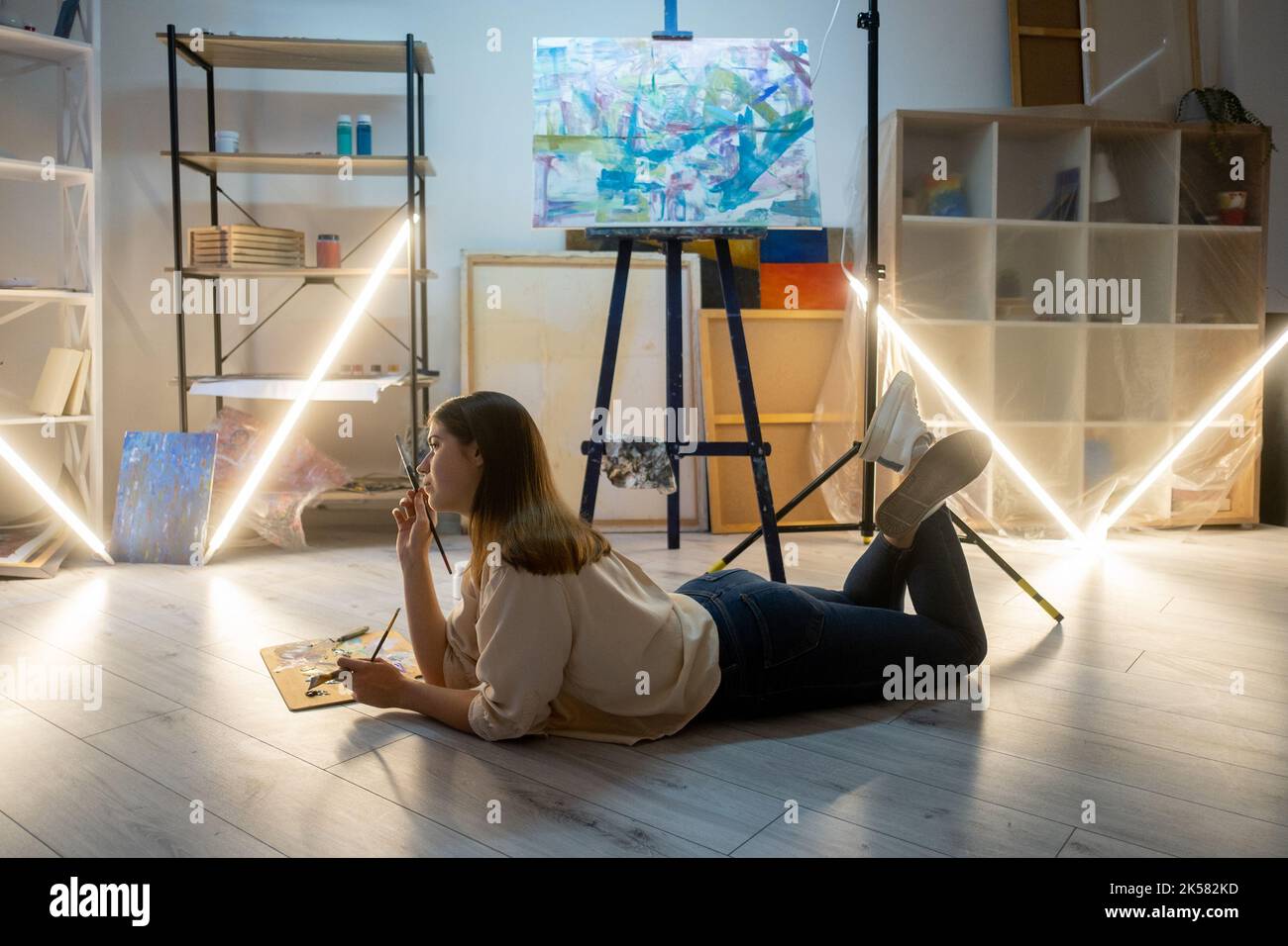 female artist art studio painting process abstract Stock Photo - Alamy