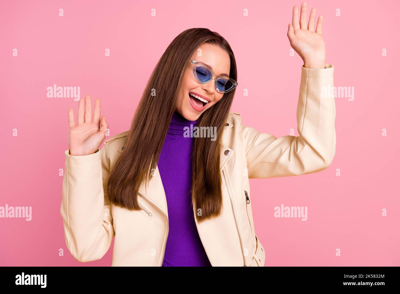 Photo of celebrate millennial lady dance wear jacket purple turtleneck ...