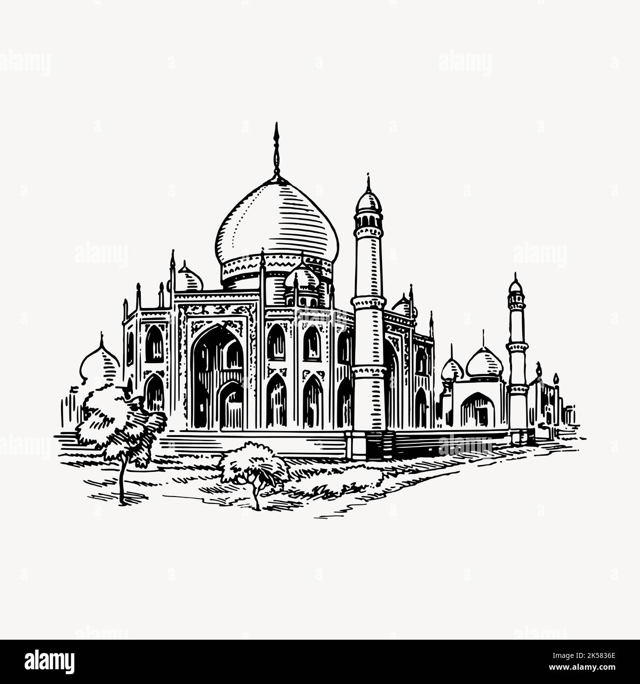 Taj Mahal mosque drawing, hand drawn historical illustration vector ...