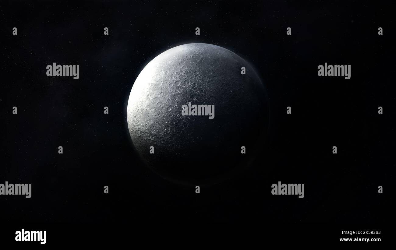 Dark gray image of a half-lit moon in outer space Stock Photo - Alamy