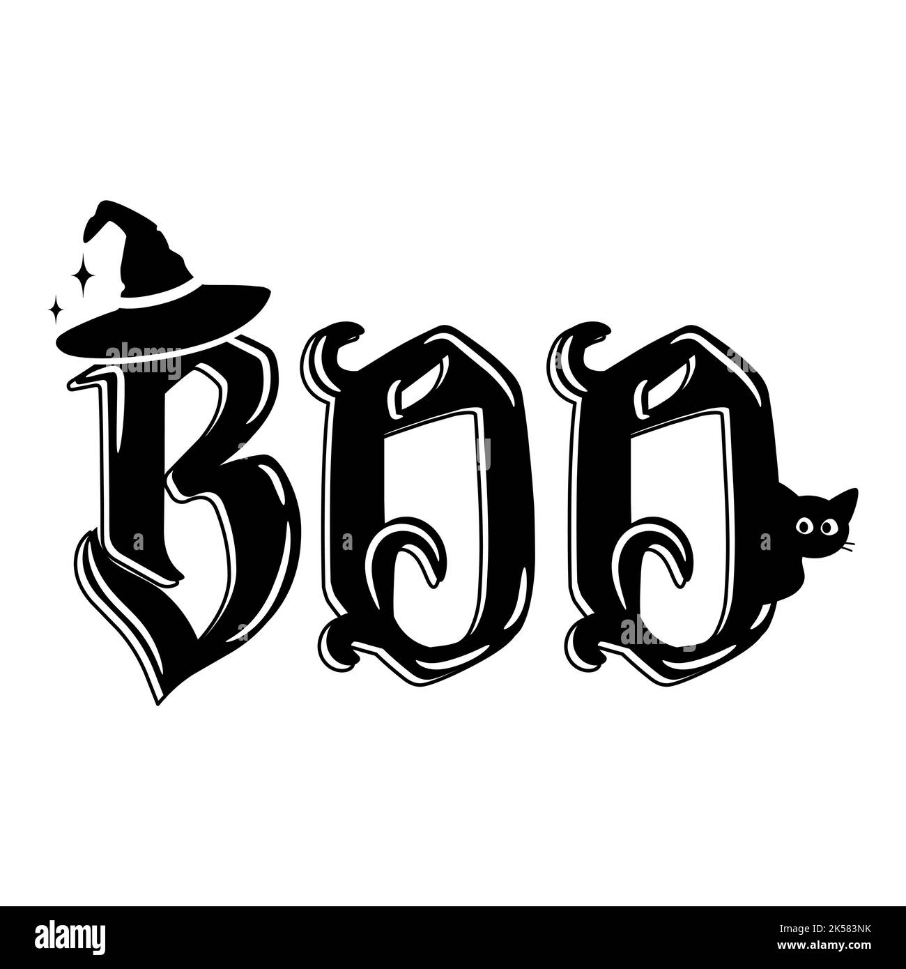 Boo letters Halloween card or tshirt design with witch hat and black ...