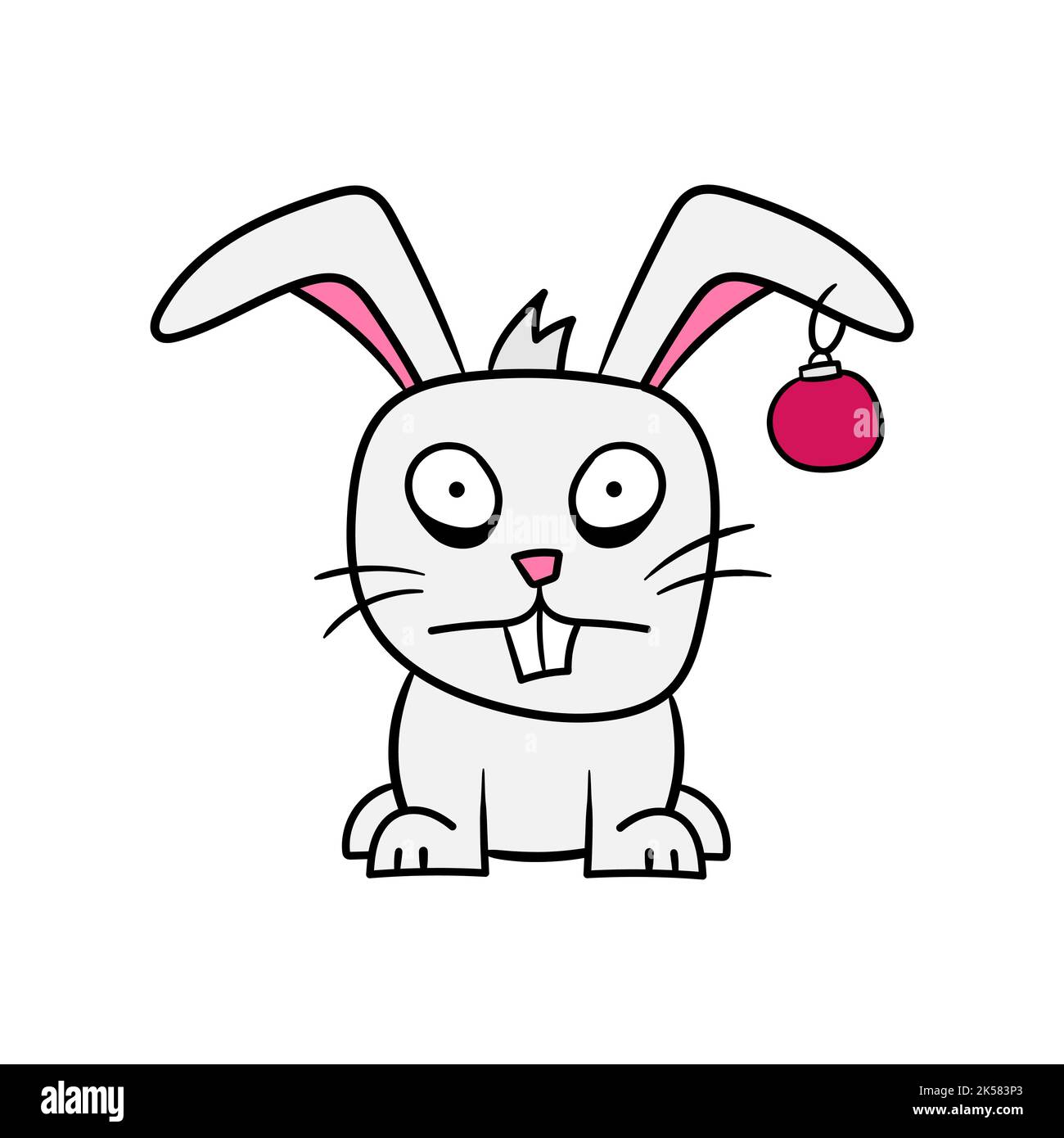 Cute angry bunny. Frightened tired cartoon rabbit with a red Christmas ...