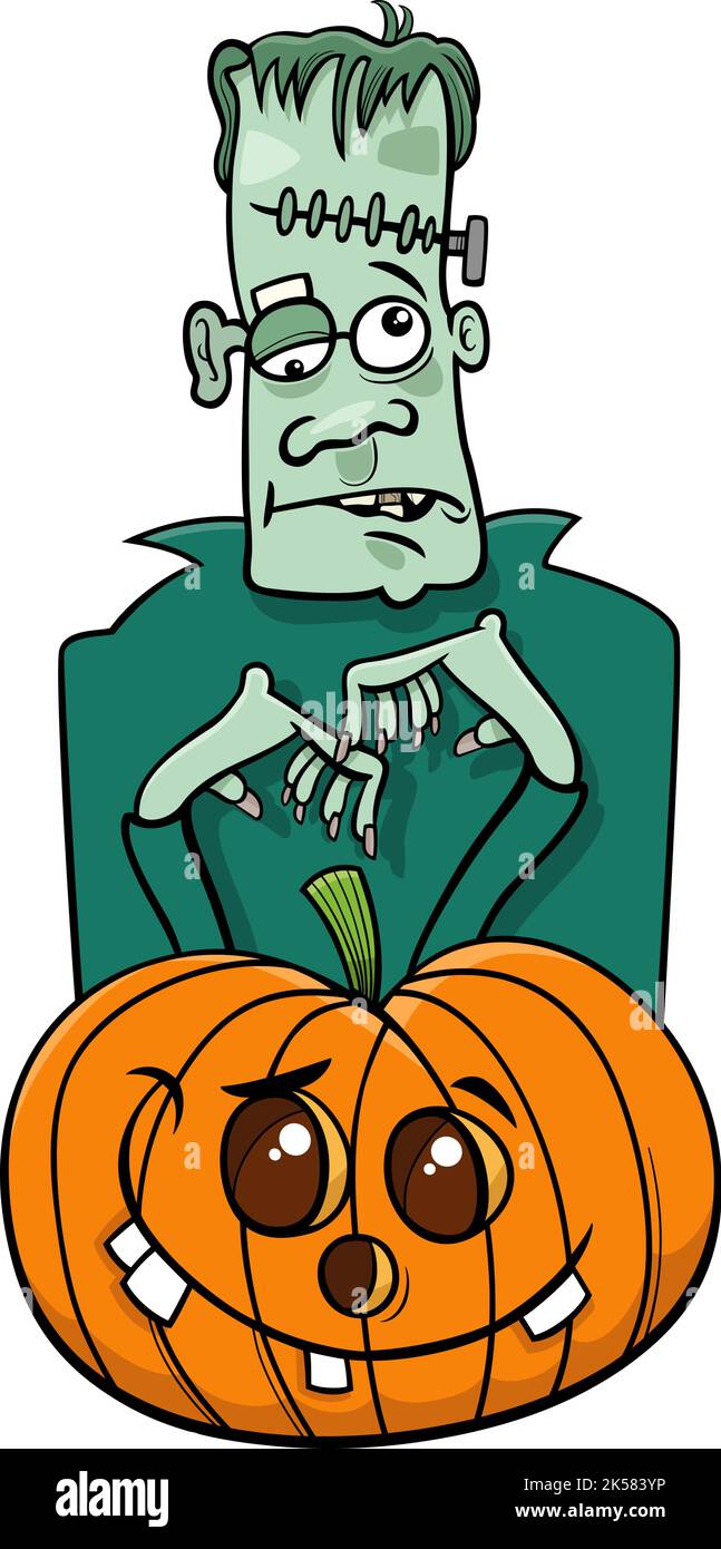 Cartoon illustration of spooky zombie character with Halloween pumpkin ...