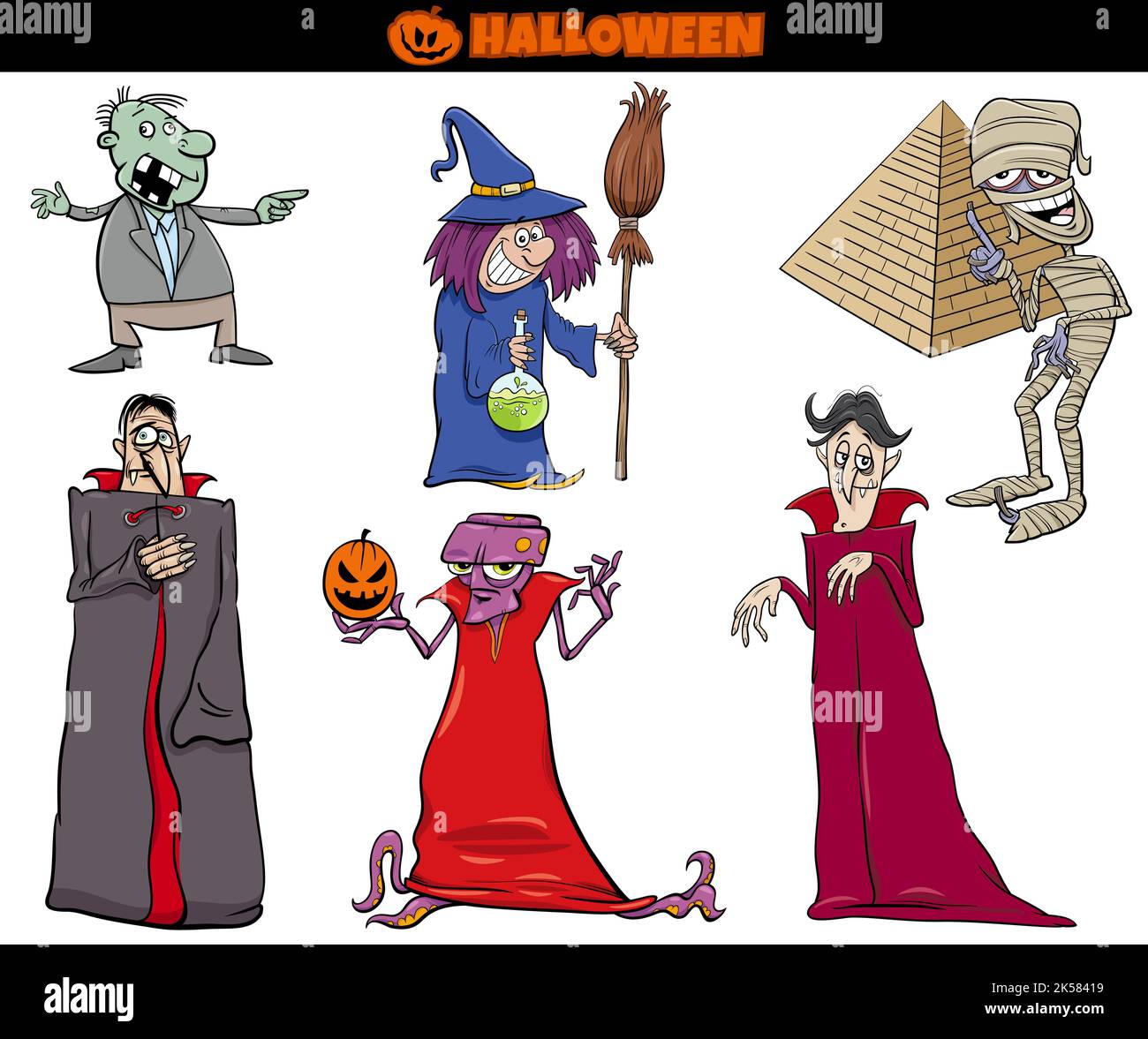 Cartoon illustration of spooky Halloween holiday comic characters set ...