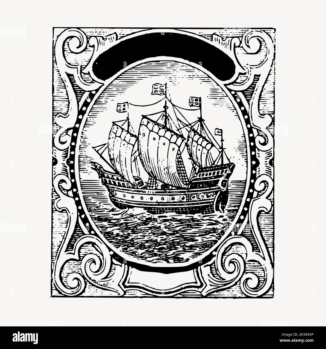 ocean, sailing ship, nautical, stamp, water, old ship, illustration ...