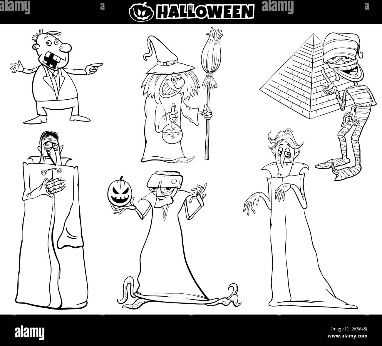 Black and white cartoon illustration of spooky Halloween holiday comic ...