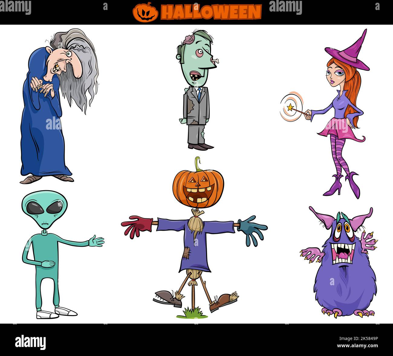 Cartoon illustration of scary Halloween holiday comic characters set ...
