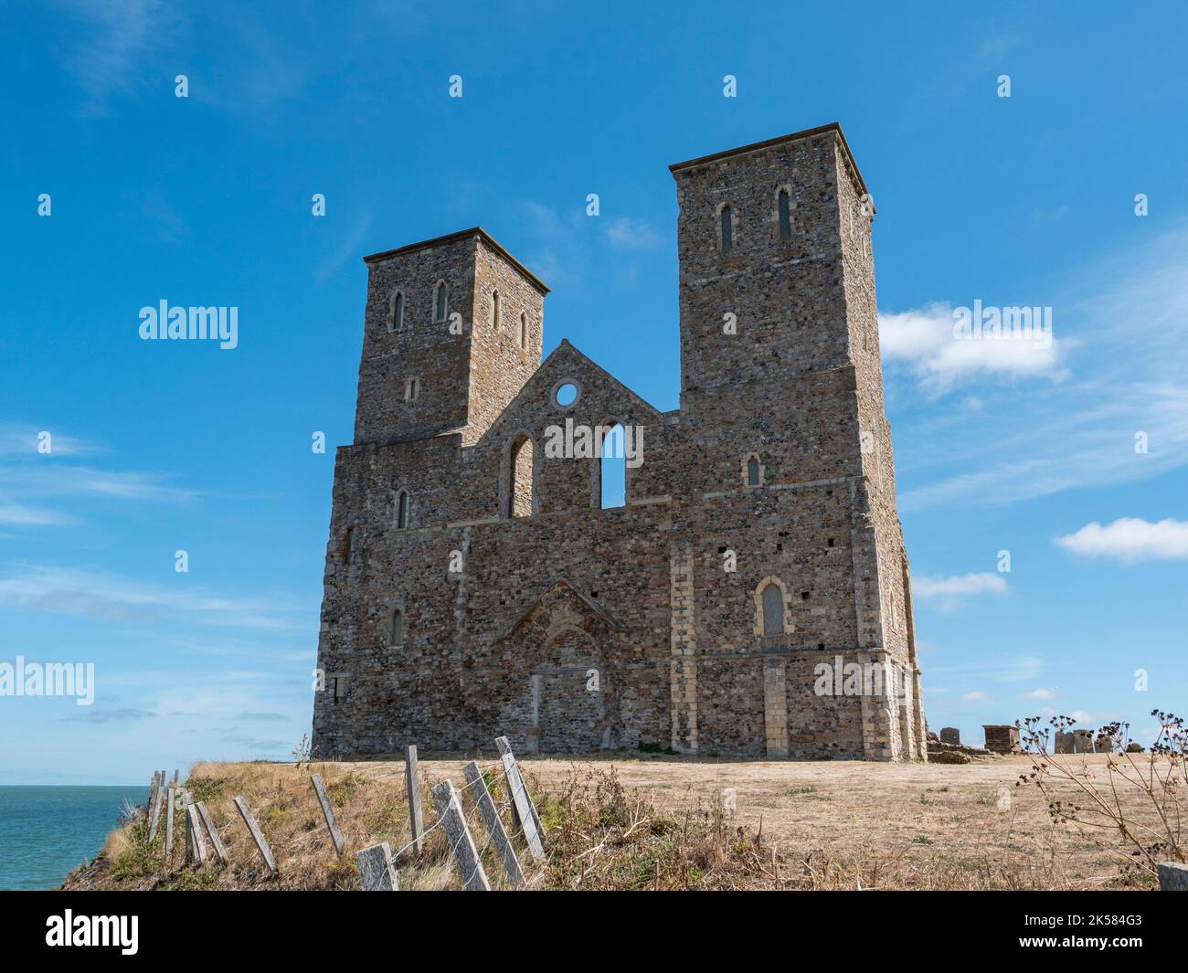 The towers of the medieval church at Reculver (west facing facade ...
