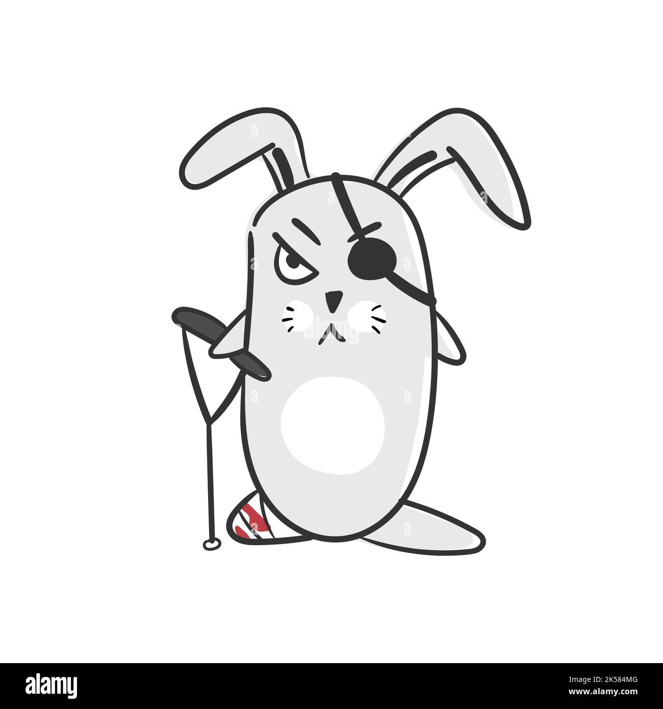 Cartoon angry rabbit with a broken leg and an eye patch. Drawn rabbit ...