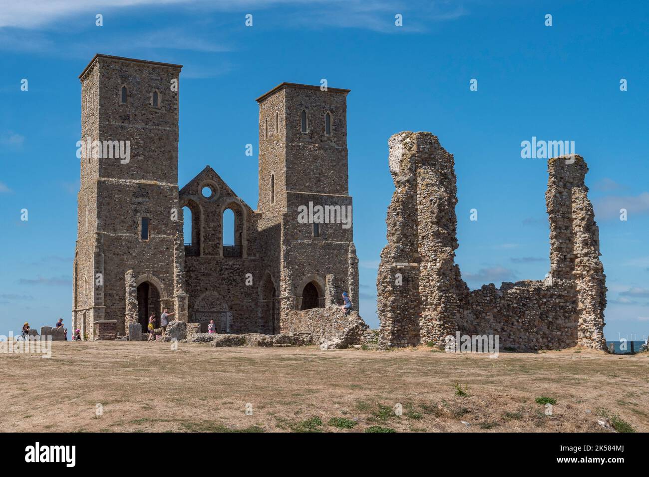 The towers of the medieval church at Reculver, above Herne Bay, Kent ...