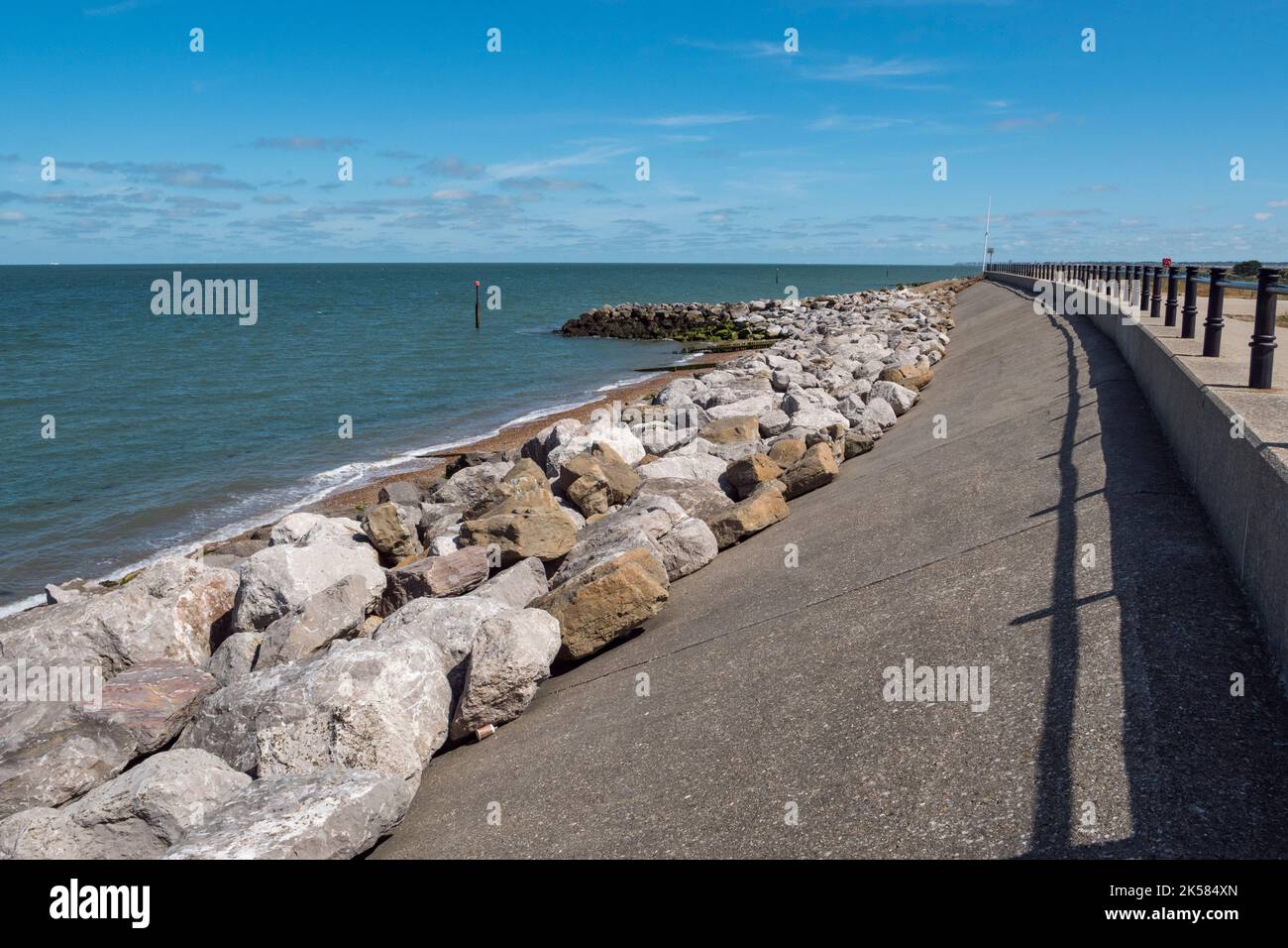 The sea wall and sea defences at Reculver, above Herne Bay, Kent, UK ...