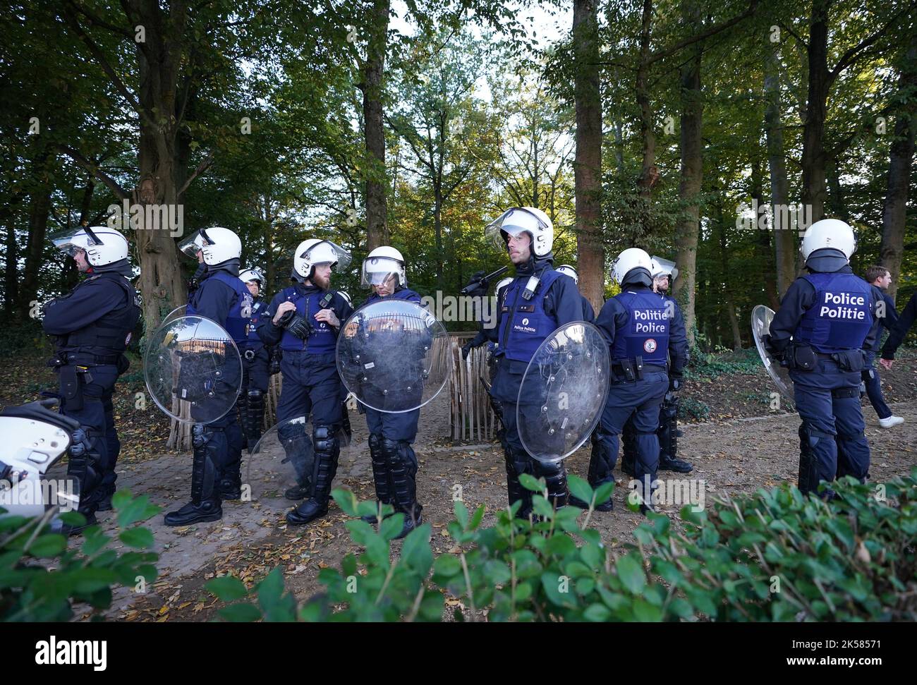 Riot Police wait outside during the UEFA Europa Conference League match ...