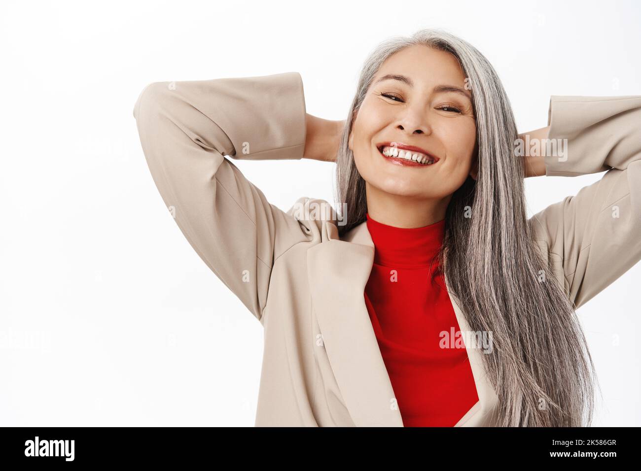 Portrait of healthy and happy asian senior woman, middle aged korean ...