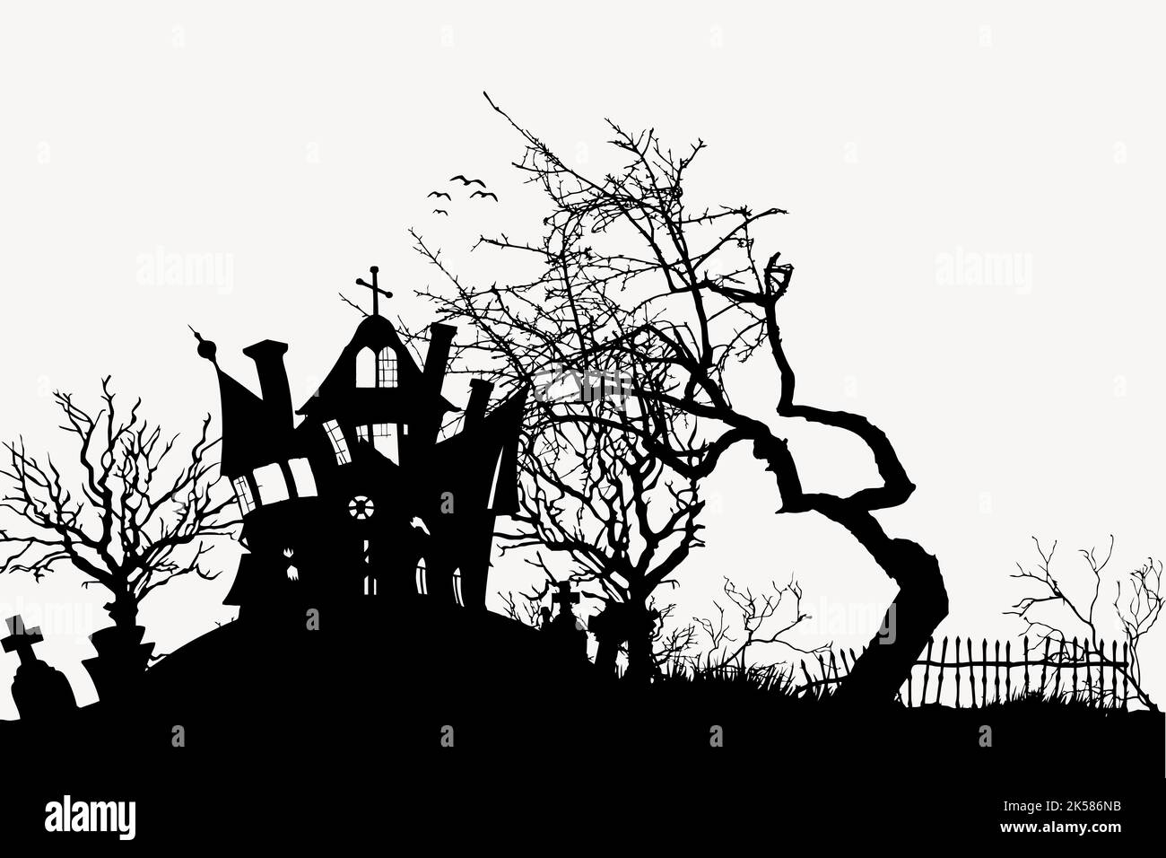 Haunted house silhouette clipart, Halloween illustration in black ...