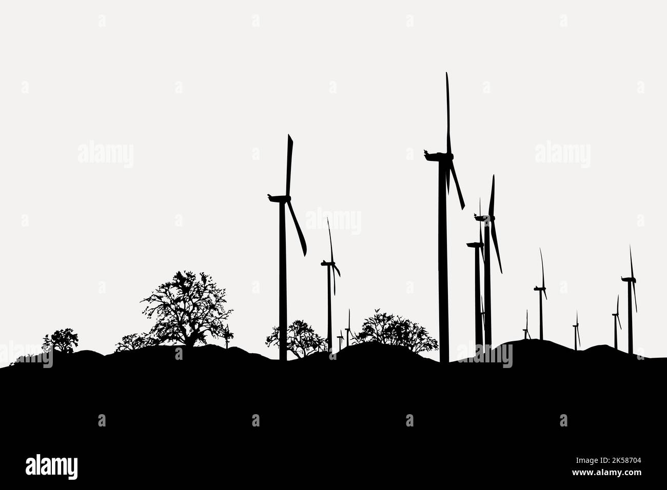 Wind power plant silhouette border, environment illustration in black ...