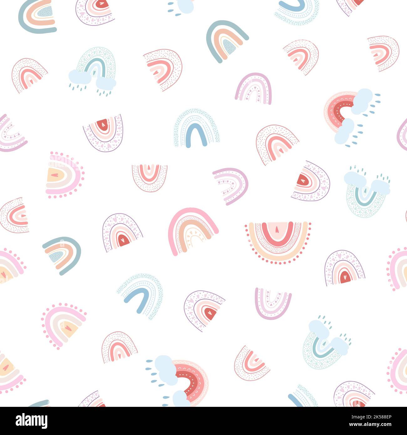Seamless pattern with hand drawn rainbows, hearts, clouds, raindrops ...
