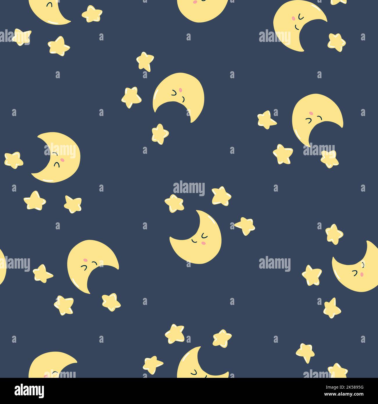Seamless pattern with cute kawaii moon and stars on dark background ...