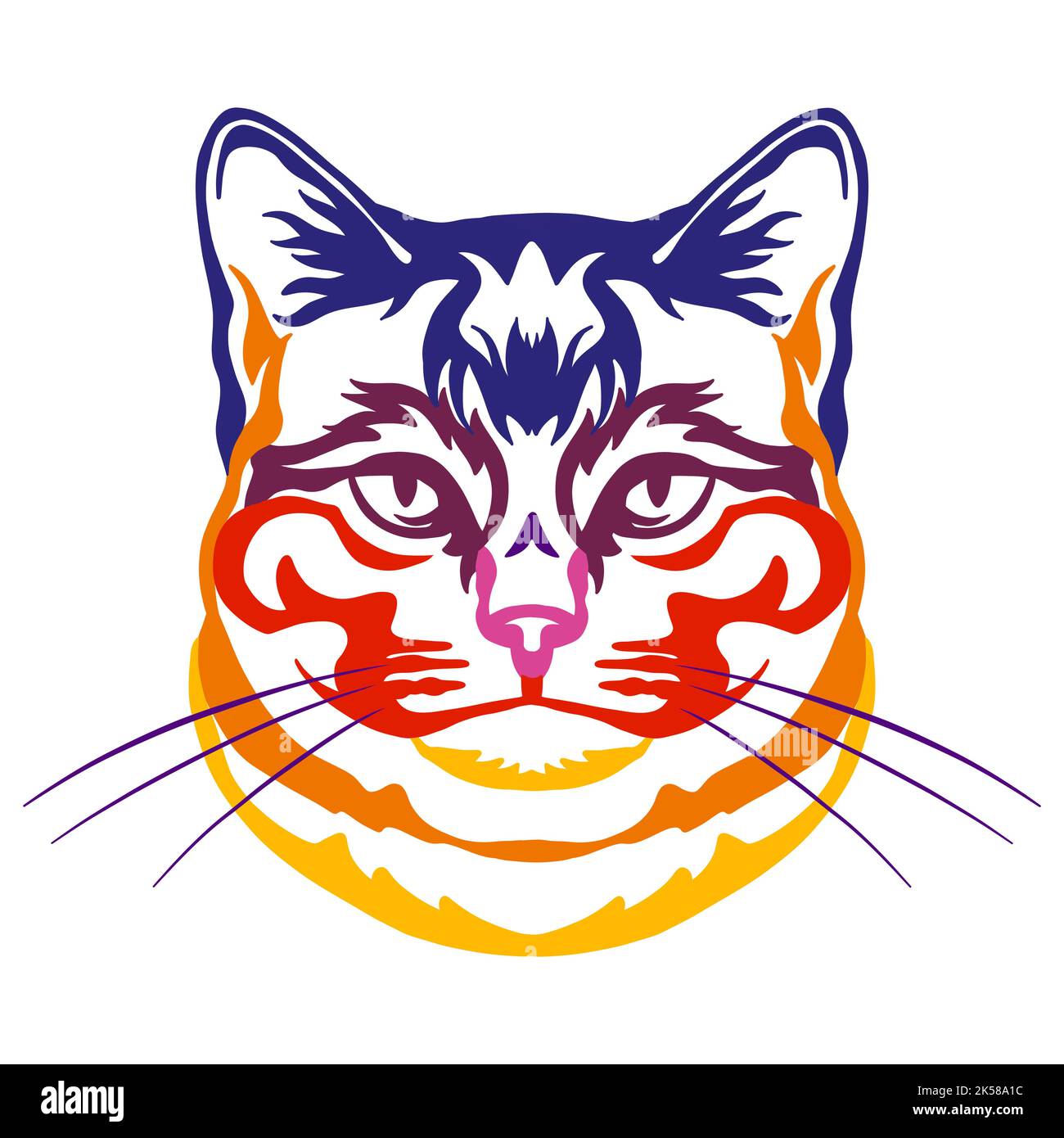 Cat color contour portrait close up. Animal head in front view vector ...