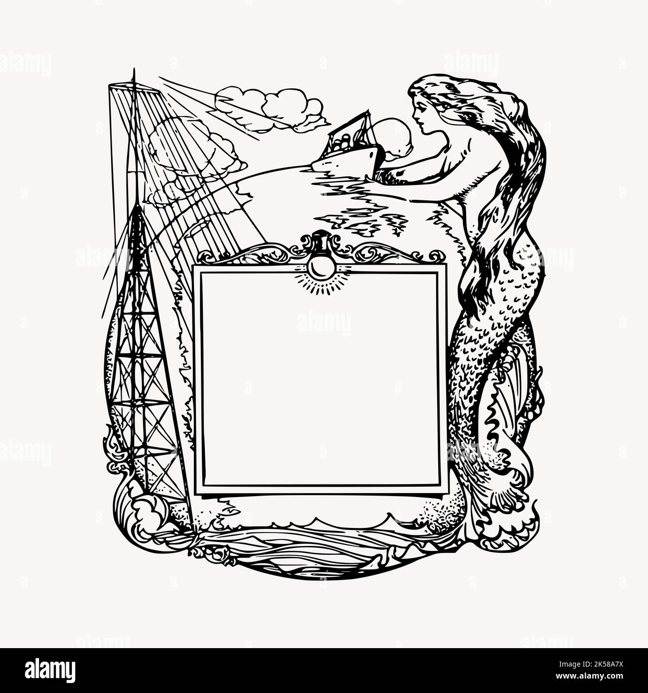 Mermaid frame drawing, vintage hand drawn illustration vector Stock ...