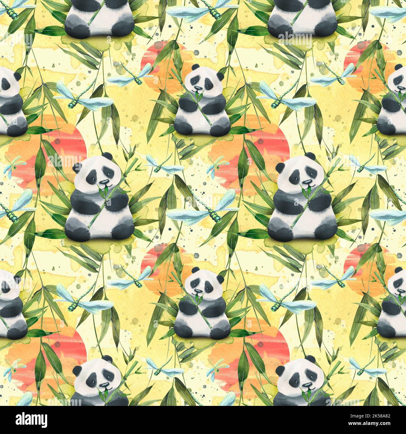 Cute pandas in bamboo thickets against the background of bright red and ...