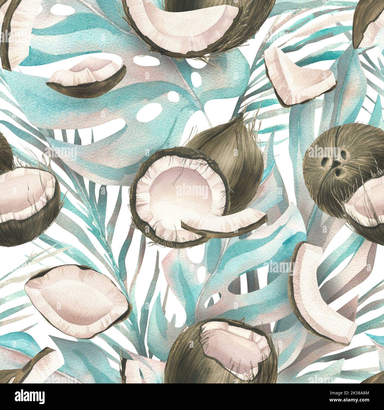 Coconuts of different shapes, whole and broken against the background ...