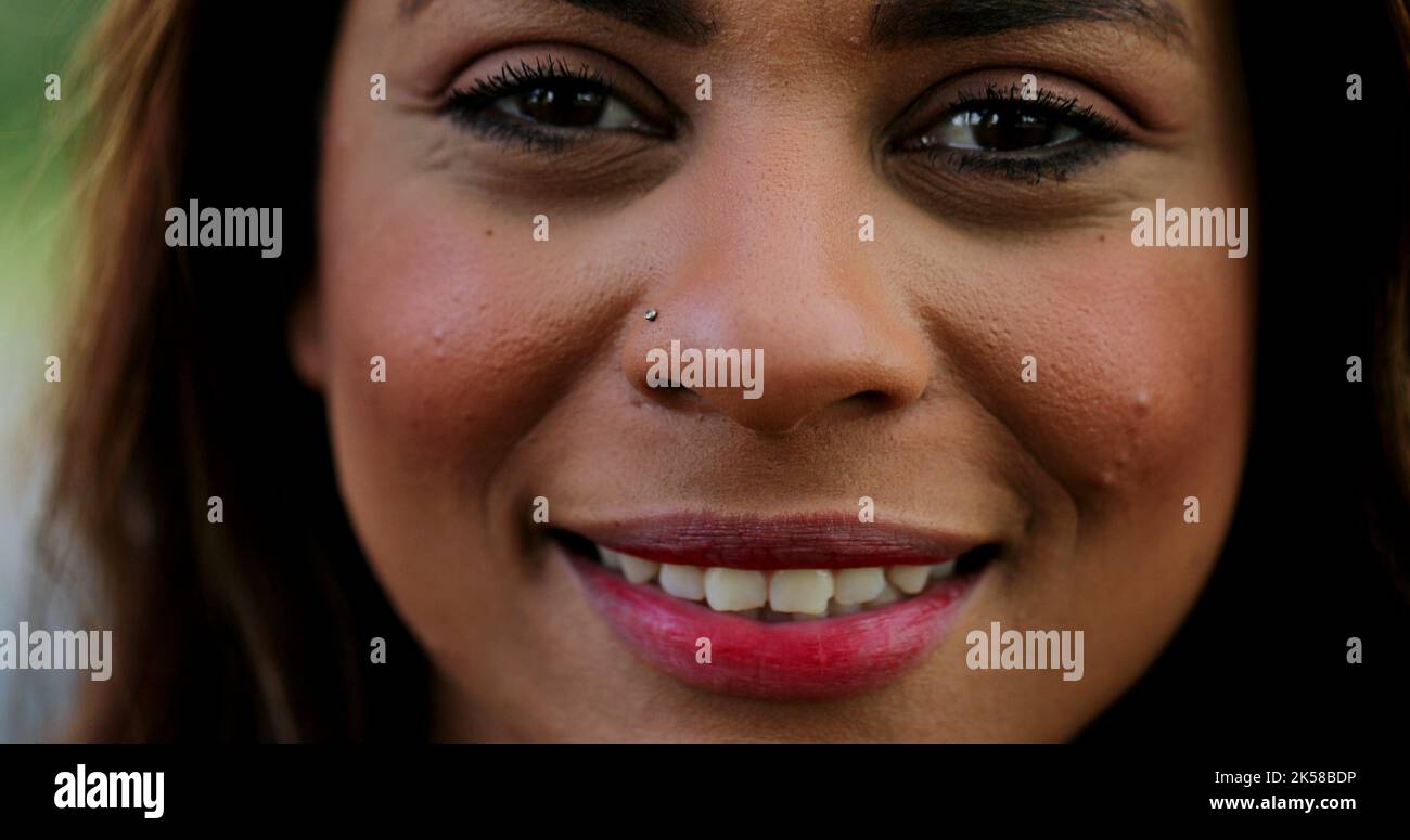 Hispanic latina woman portrait smiling, person opening eyes Stock Photo ...