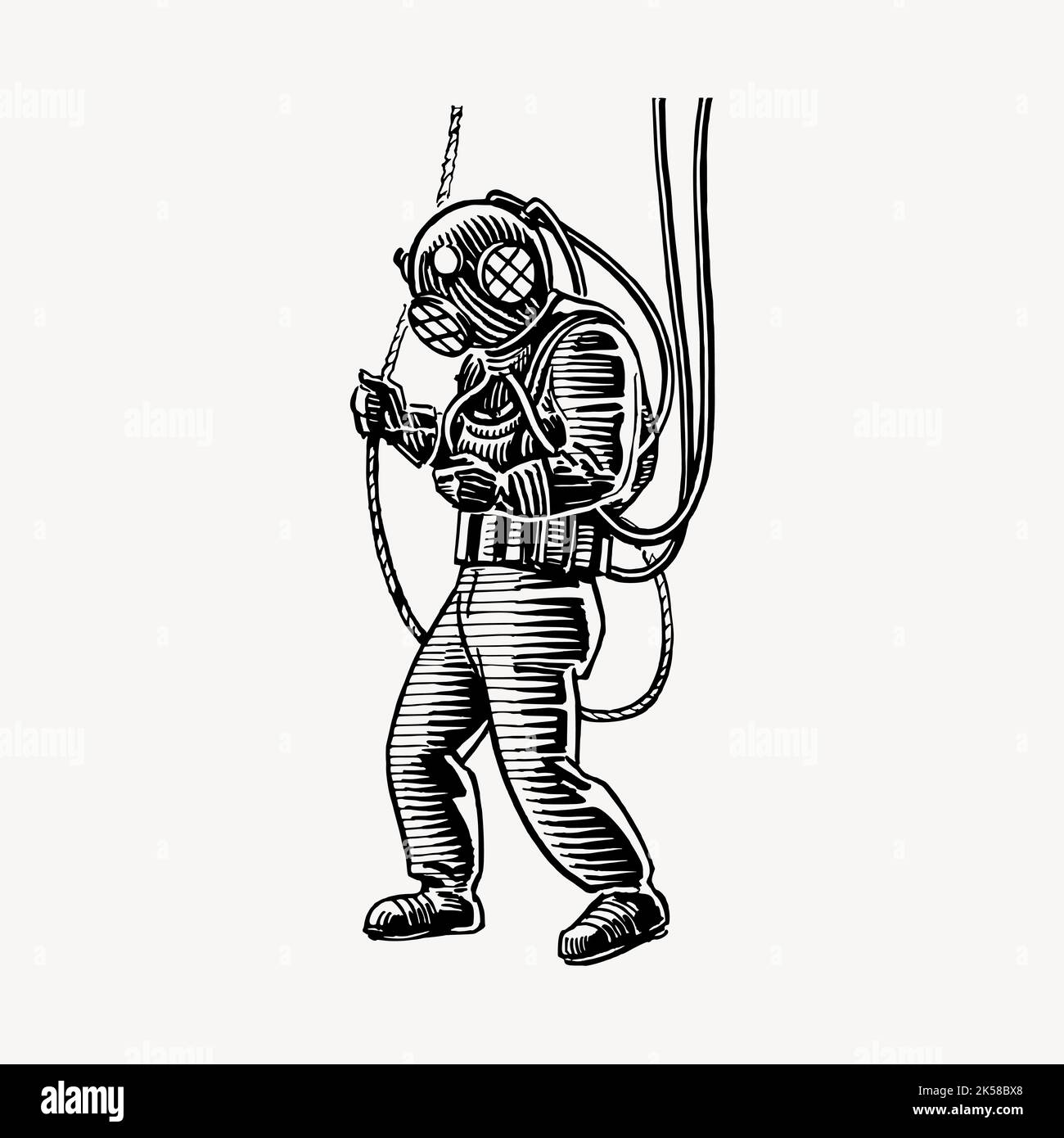 Deep sea diver clipart, vintage drawing vector Stock Vector Image & Art ...