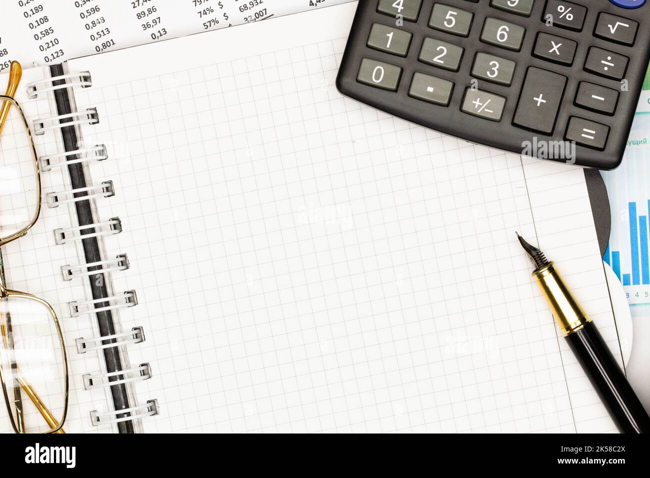 Top view office table desk. Financial report. Flat lay. Workspace with ...