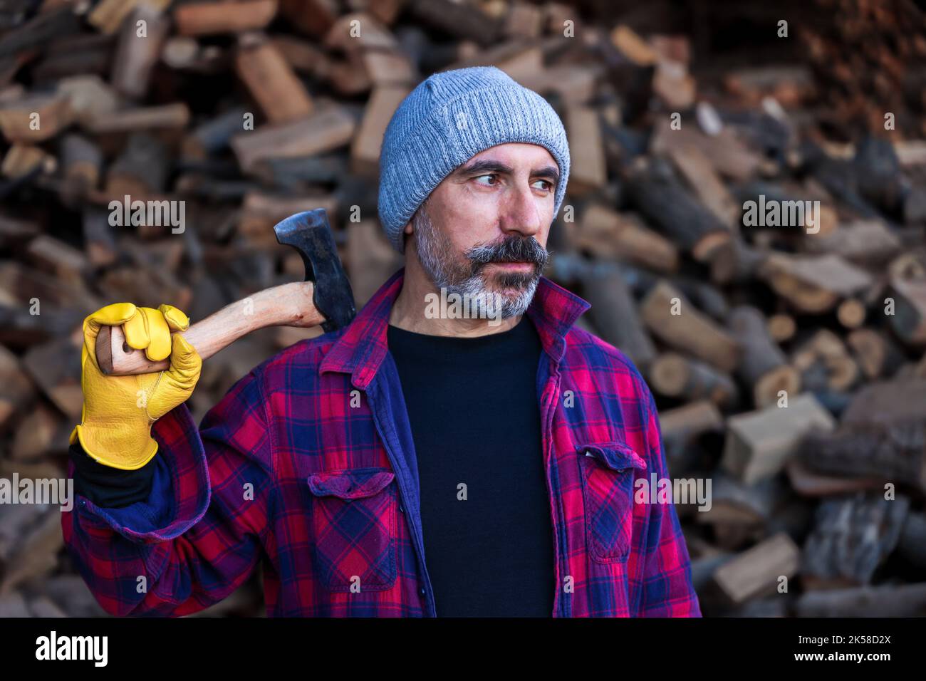 Brunette handsome man with beard holding axe and angry face. Wearing ...