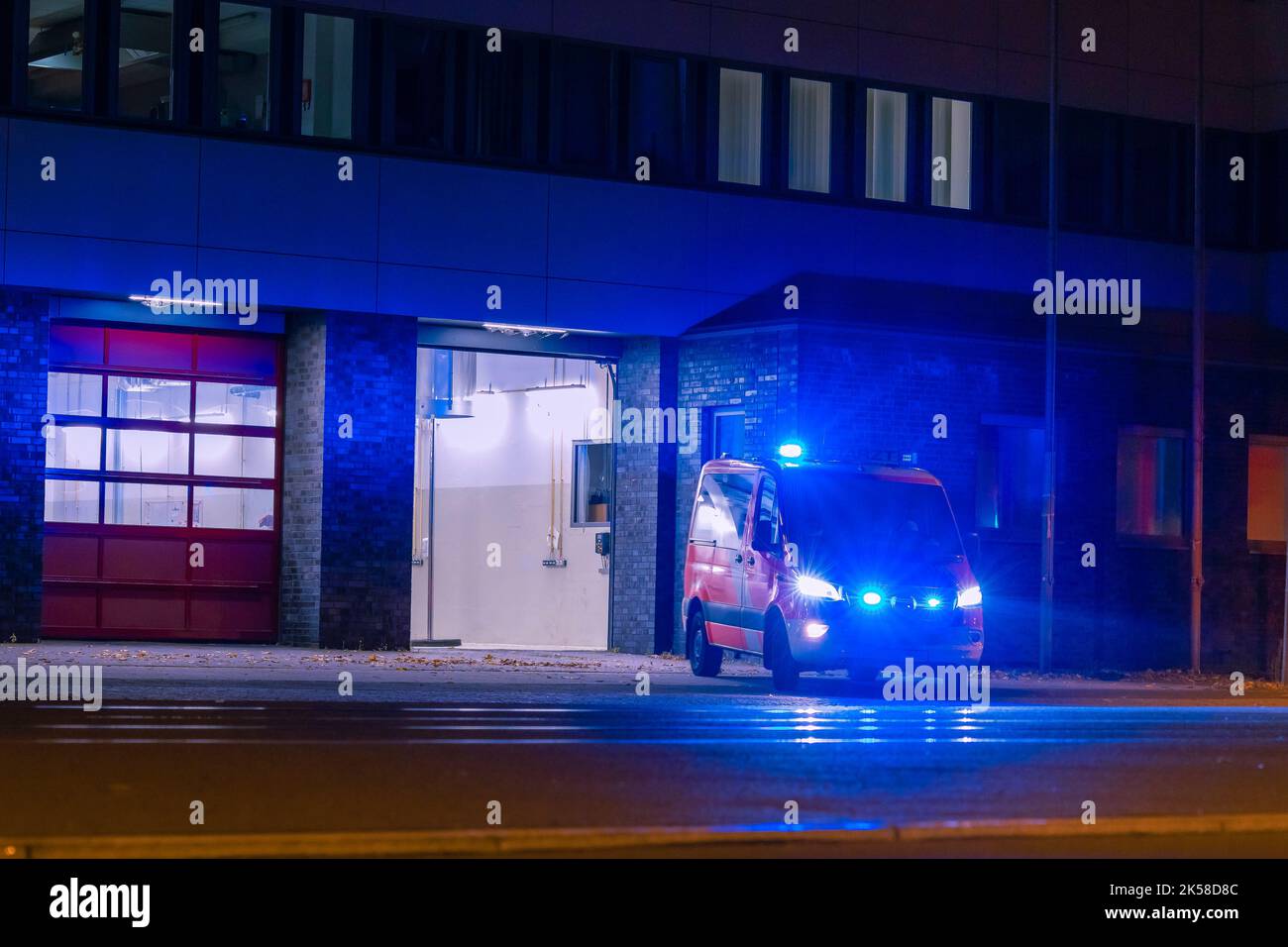 Ambulance at night, blue light, fire department, berlin, germany, out ...