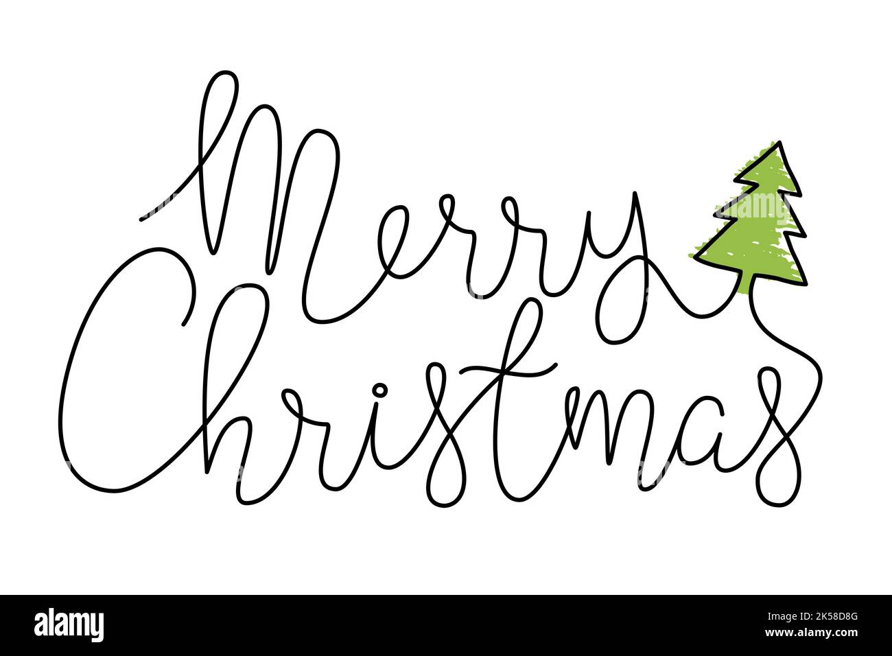 Merry Christmas lettering banner with pine tree hand drawn with thin ...