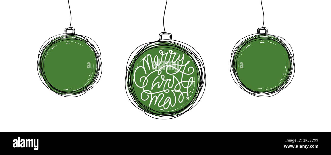 Hand drawn Merry Christmas lettering element in scribble pine tree ball ...