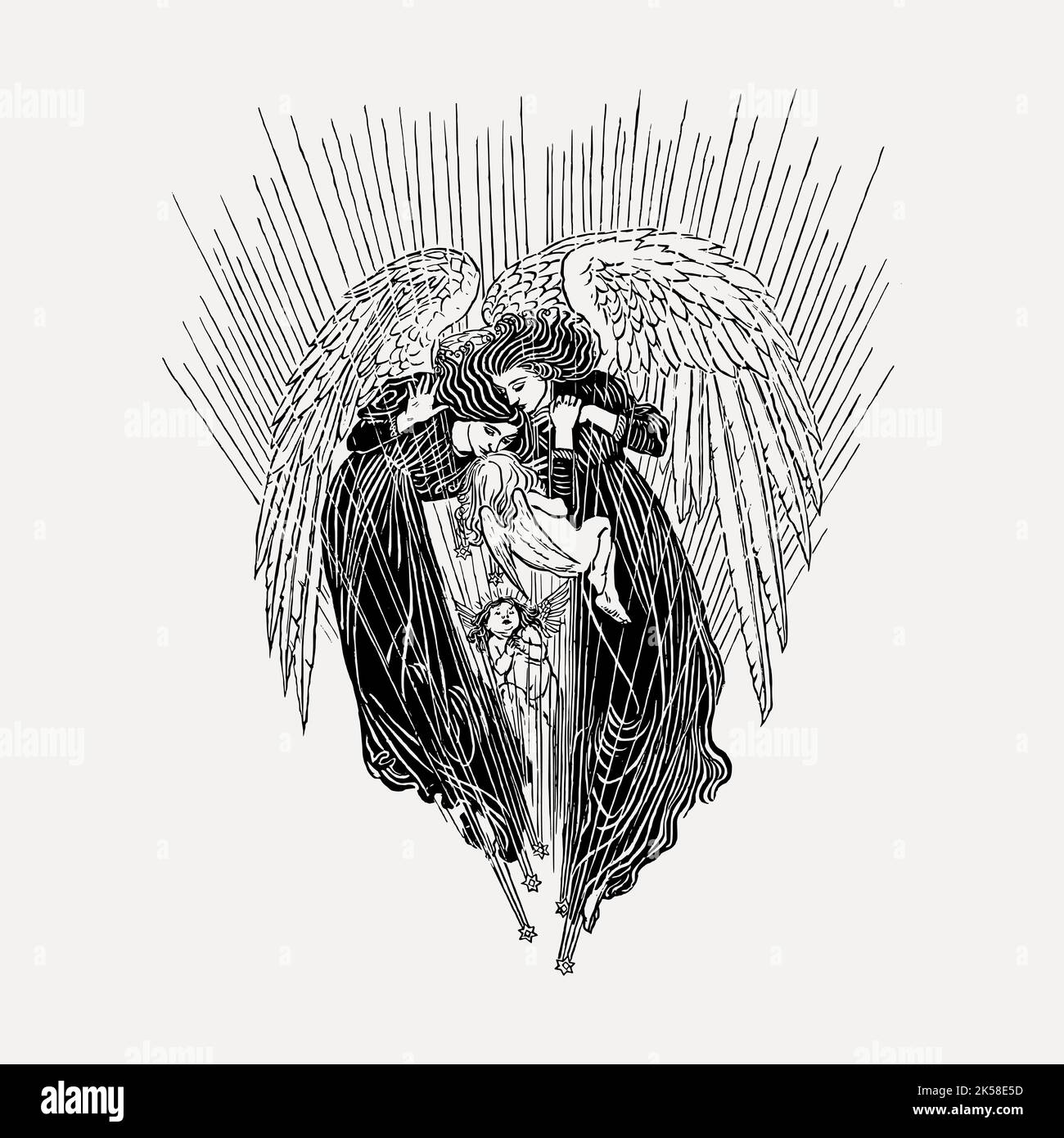 Angels in heaven hand drawn clipart, mythology illustration vector ...