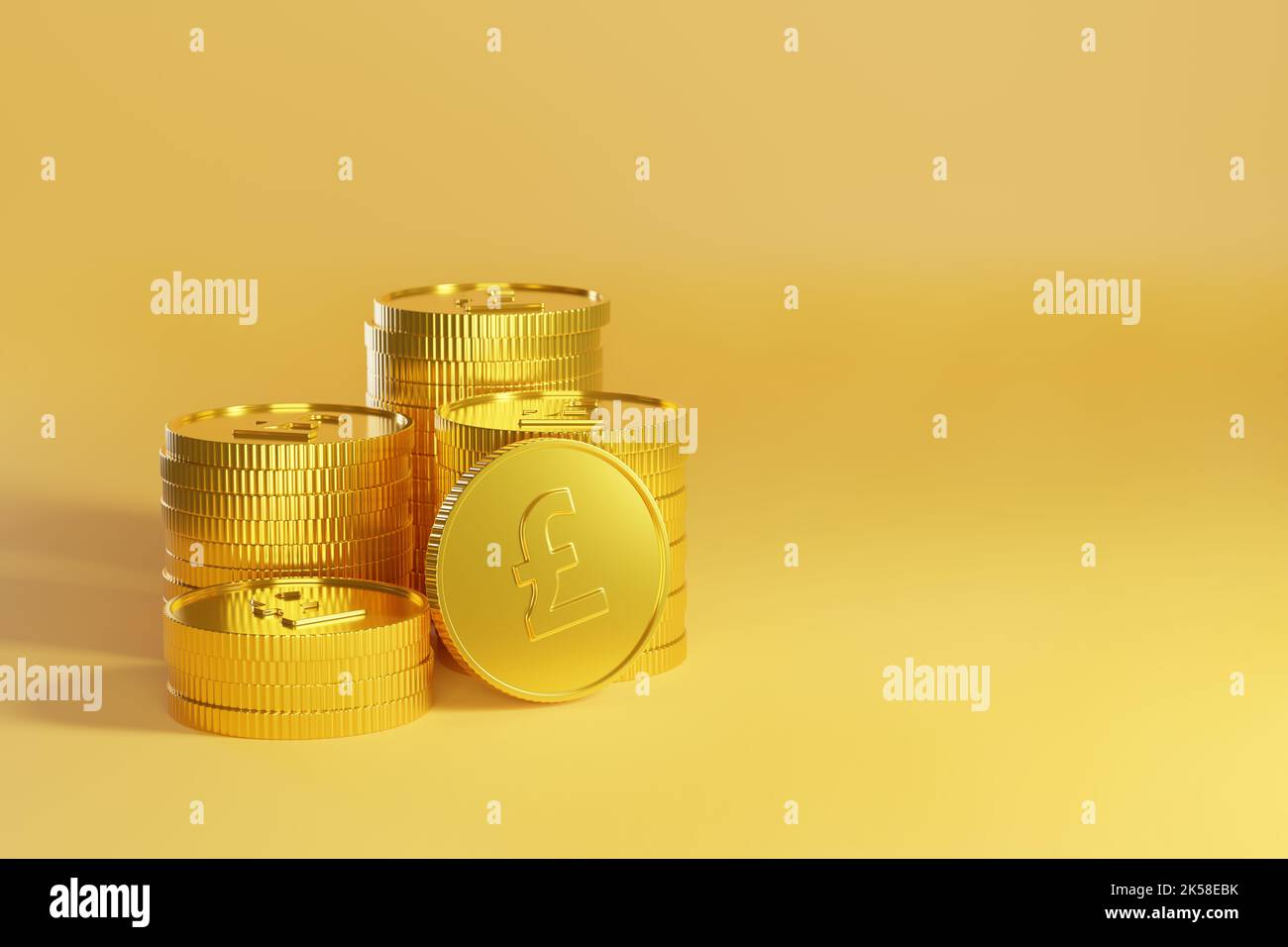 Golden coins with pound sign on yellow background with copy space. 3d ...
