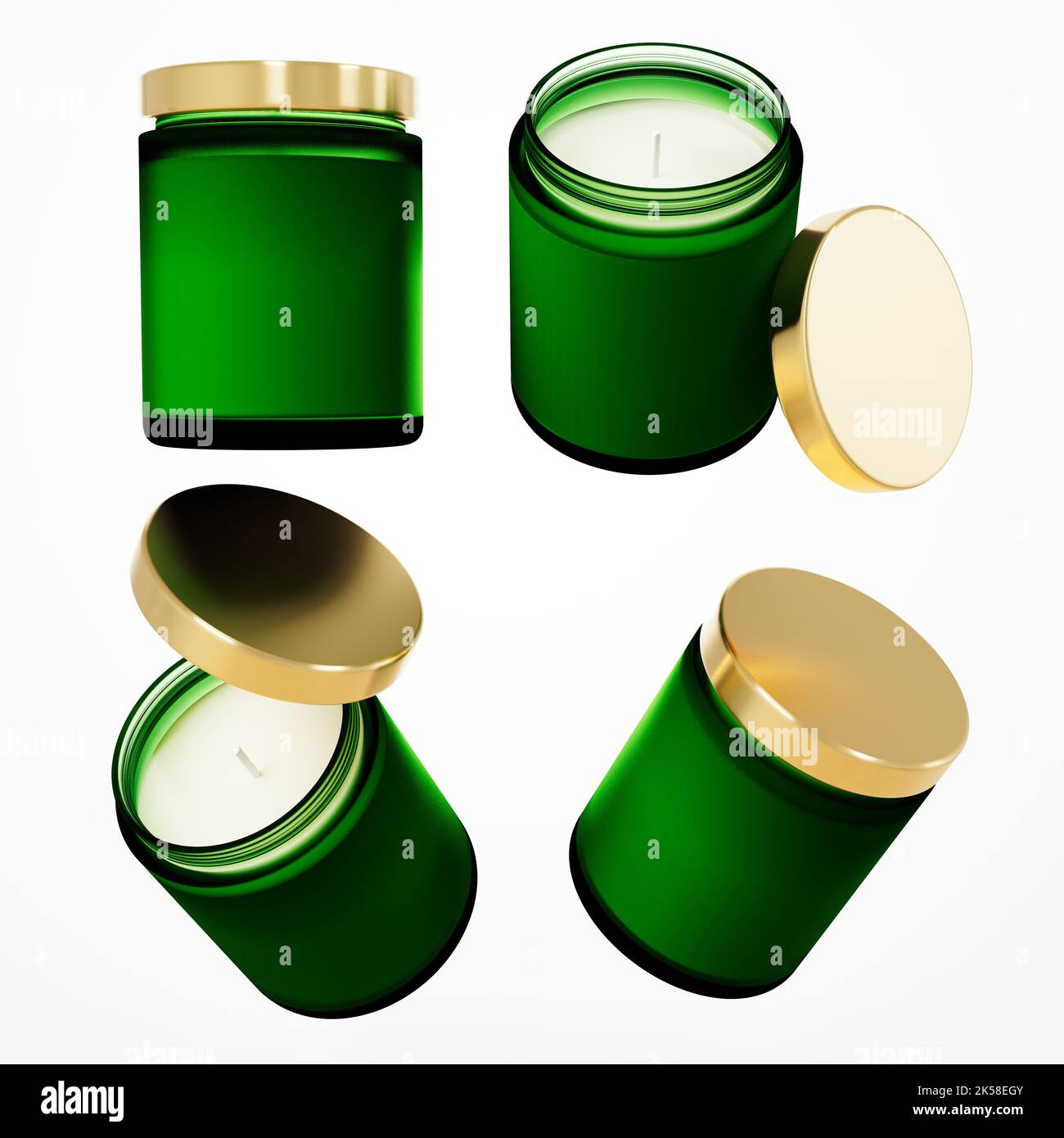 Different views of aromatic candle in green glass jar with cotton wick ...