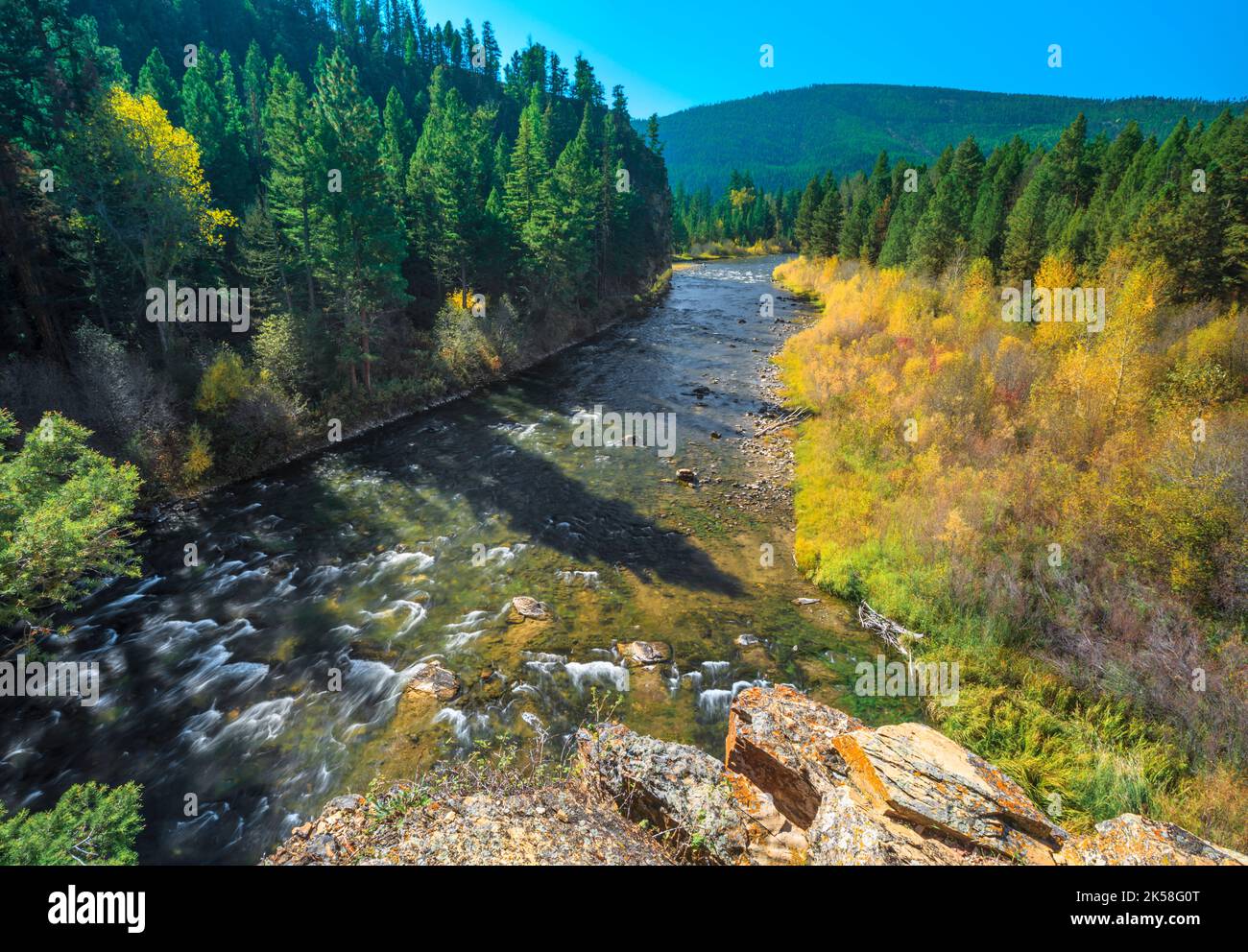 blackfoot river in fall below the garnet range near ovando, montana ...