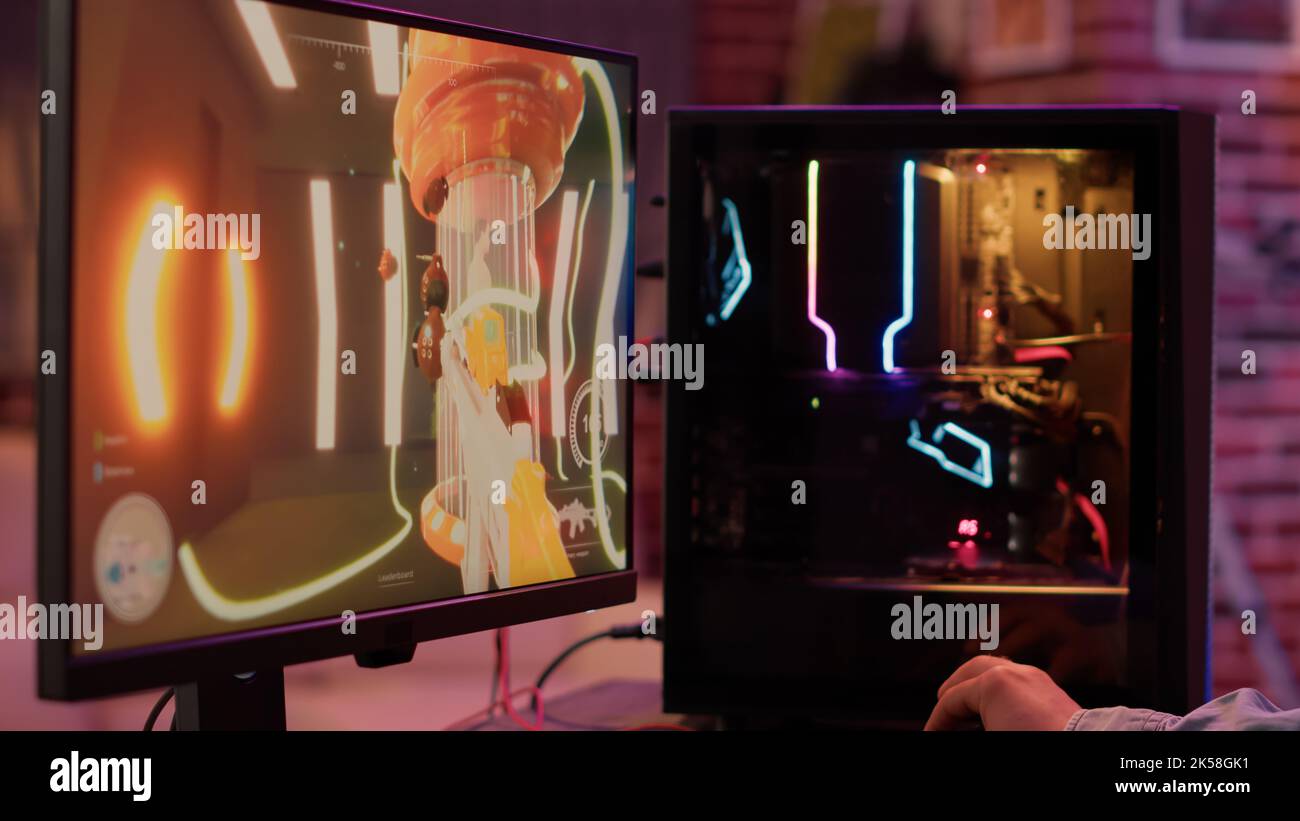 Static tripod shot of professional gaming pc setup screen streaming ...